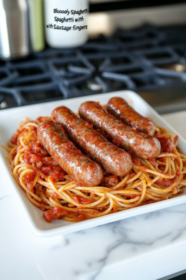 Halloween Bloody Spaghetti with Sausage Fingers Recipe