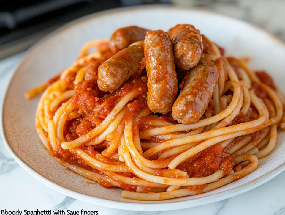 Halloween Bloody Spaghetti with Sausage Fingers Recipe