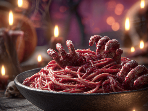 Halloween Bloody Spaghetti with Sausage Fingers — A Ghoulish Feast for ...